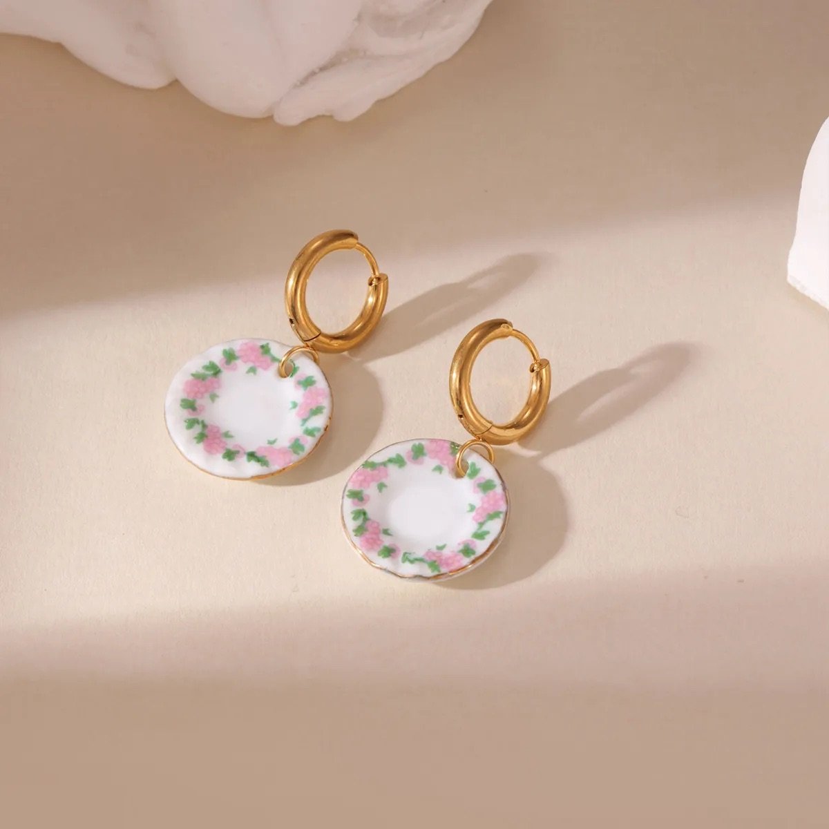 Ceramic Plate Earrings – Floral Gold Hoops | IVARA